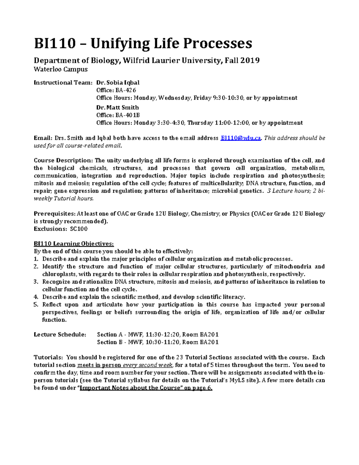 BI110 Syllabus-F2019- Final - BI110 – Unifying Life Processes ...