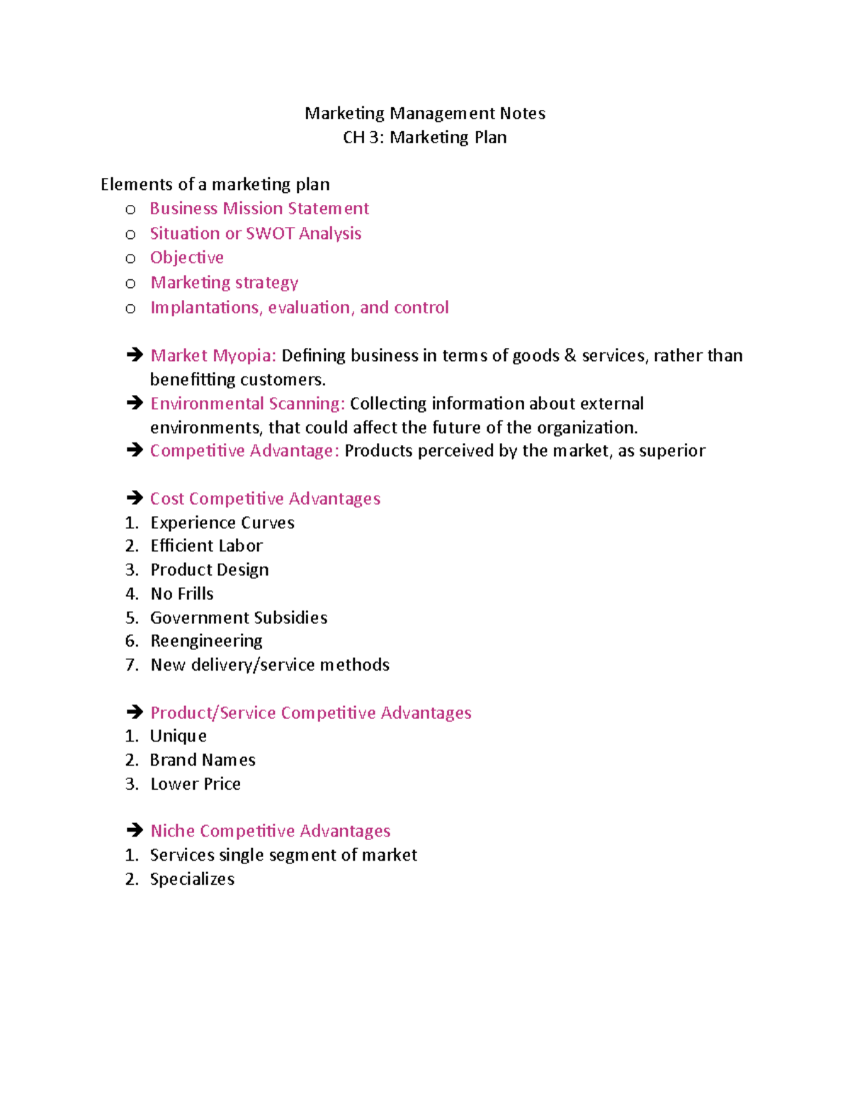 CH3. Marketing Notes - Marketing Management Notes CH 3: Marketing Plan ...