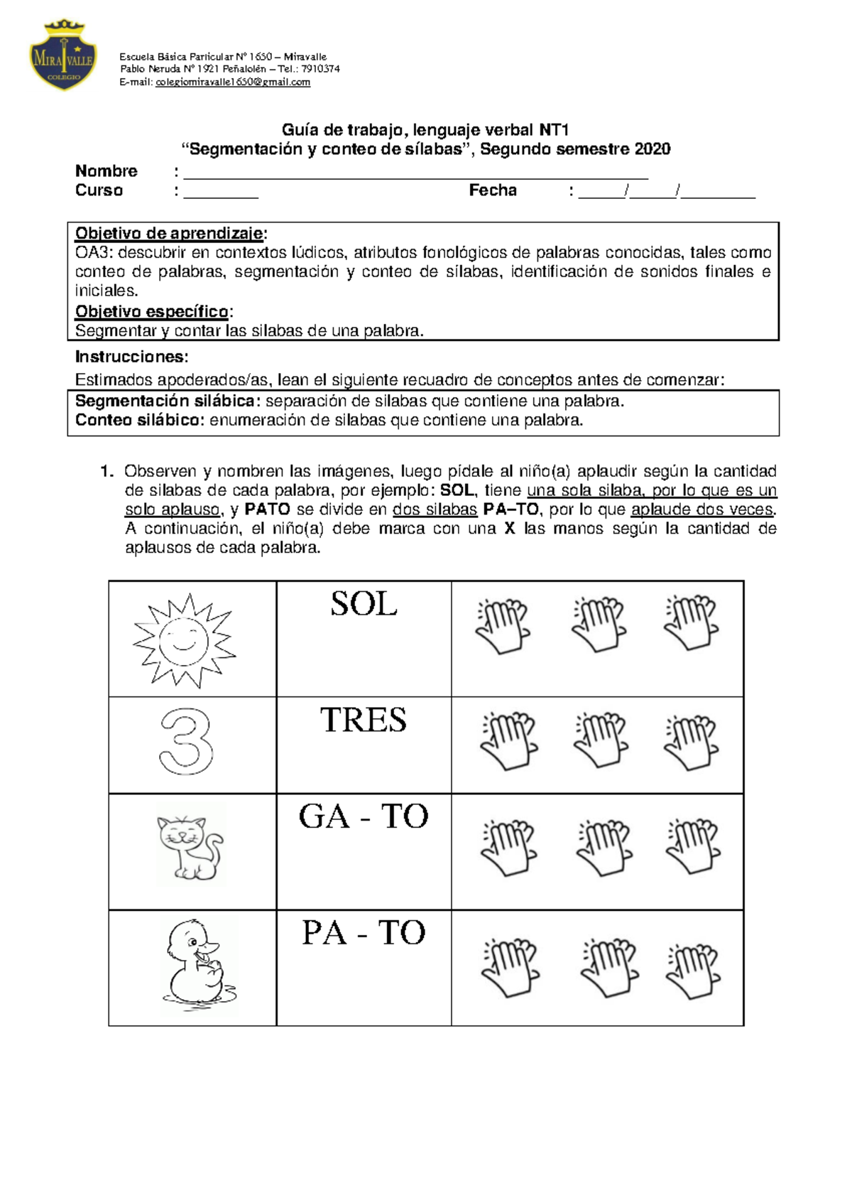 Guía Lenguaje Verbal segmentación y conteo de sílabas PK - Escuela ...