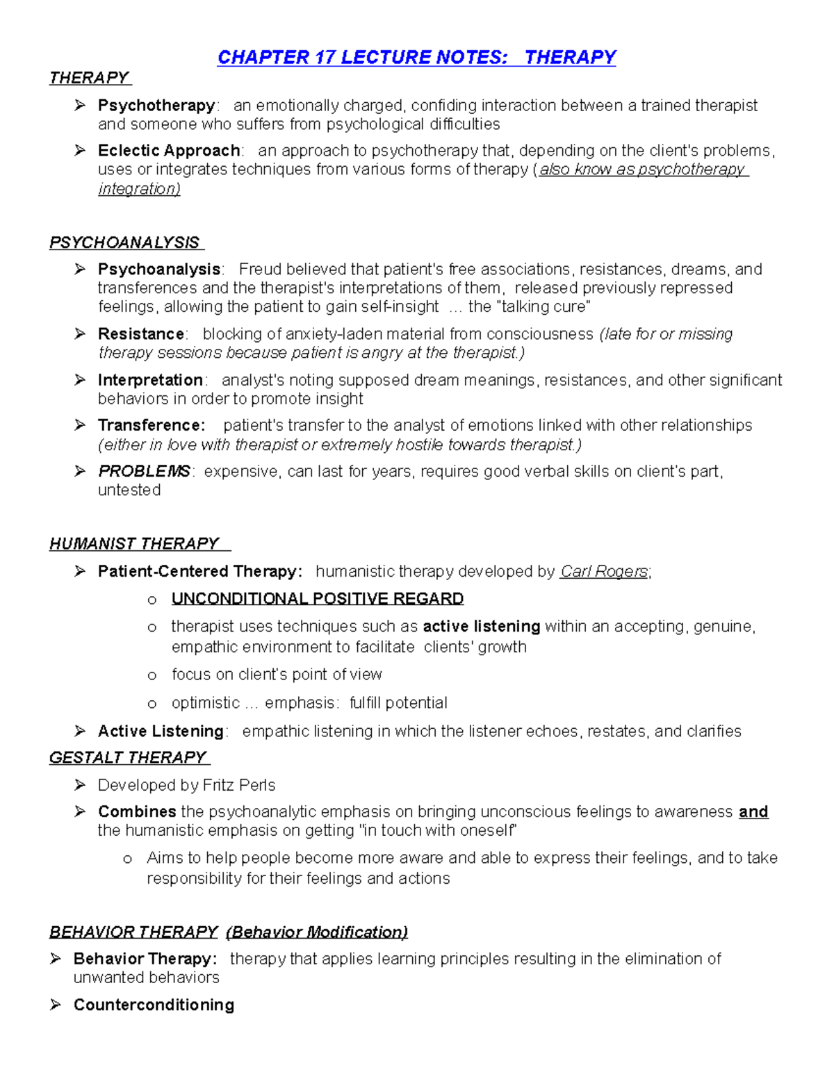 Chapter 17 Lecture Notes - CHAPTER 17 LECTURE NOTES: THERAPY THERAPY ...