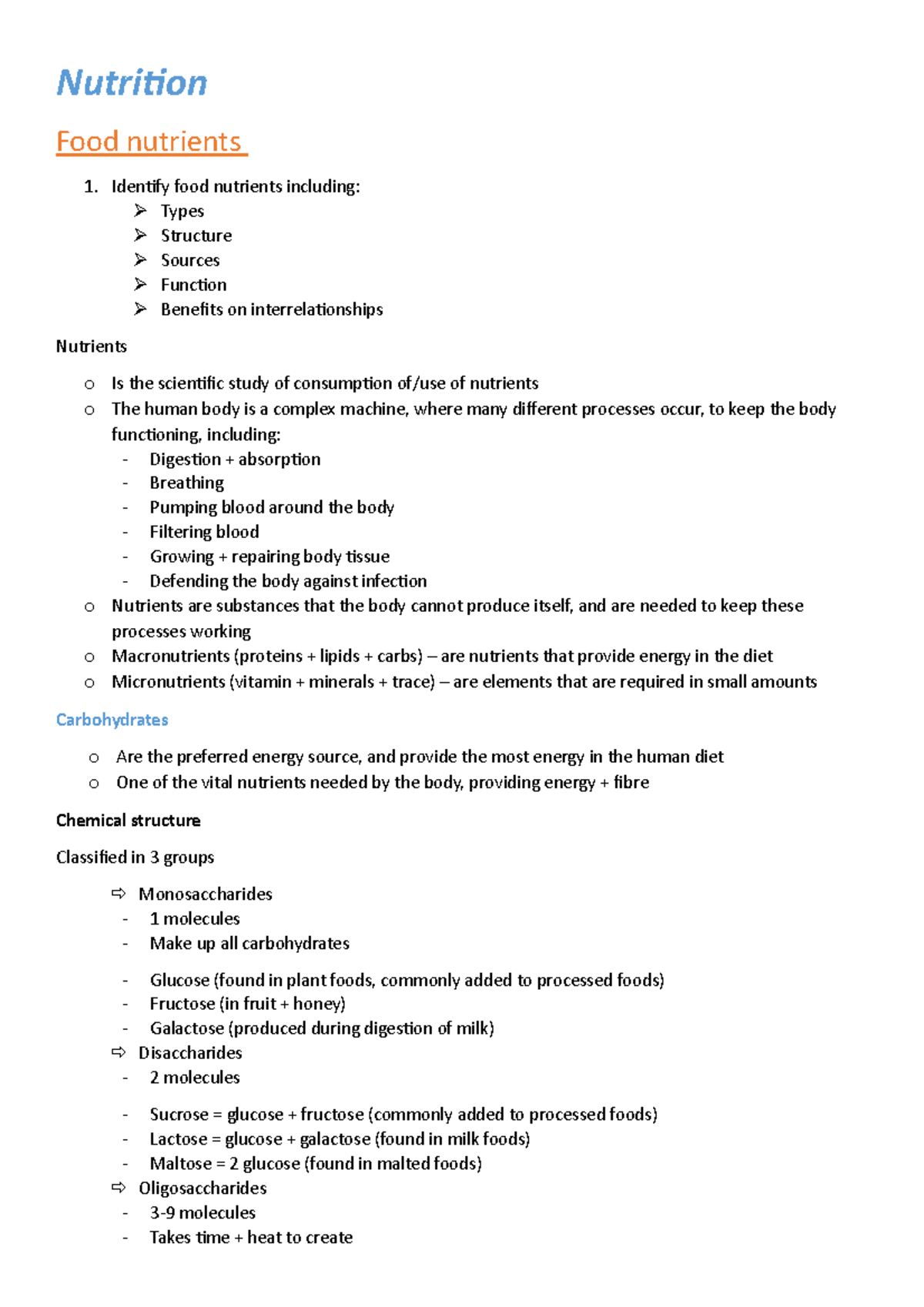 Nutrition notes - Nutrition Food nutrients 1. Identify food nutrients ...