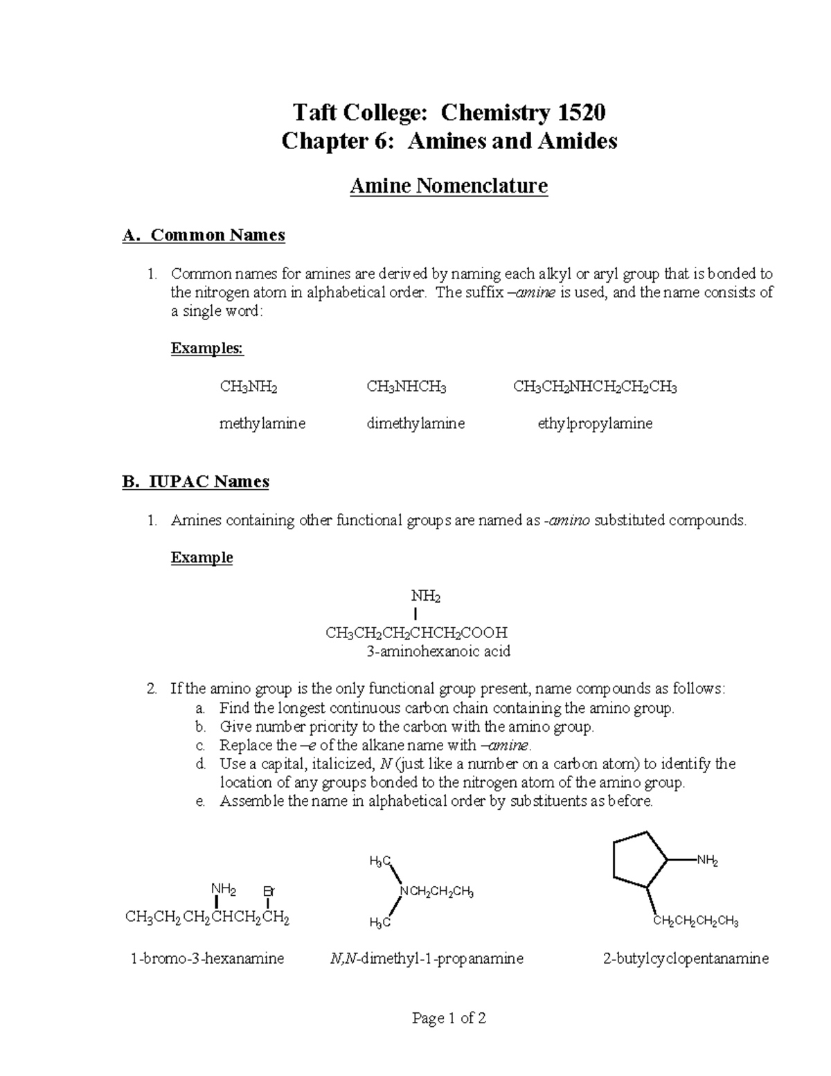 Chapter 06 Amines and Amides Handout - Page 1 of 2 Taft College ...