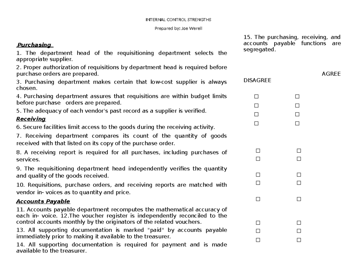 Internal Control Strengths - INTERNAL CONTROL STRENGTHS Prepared by ...