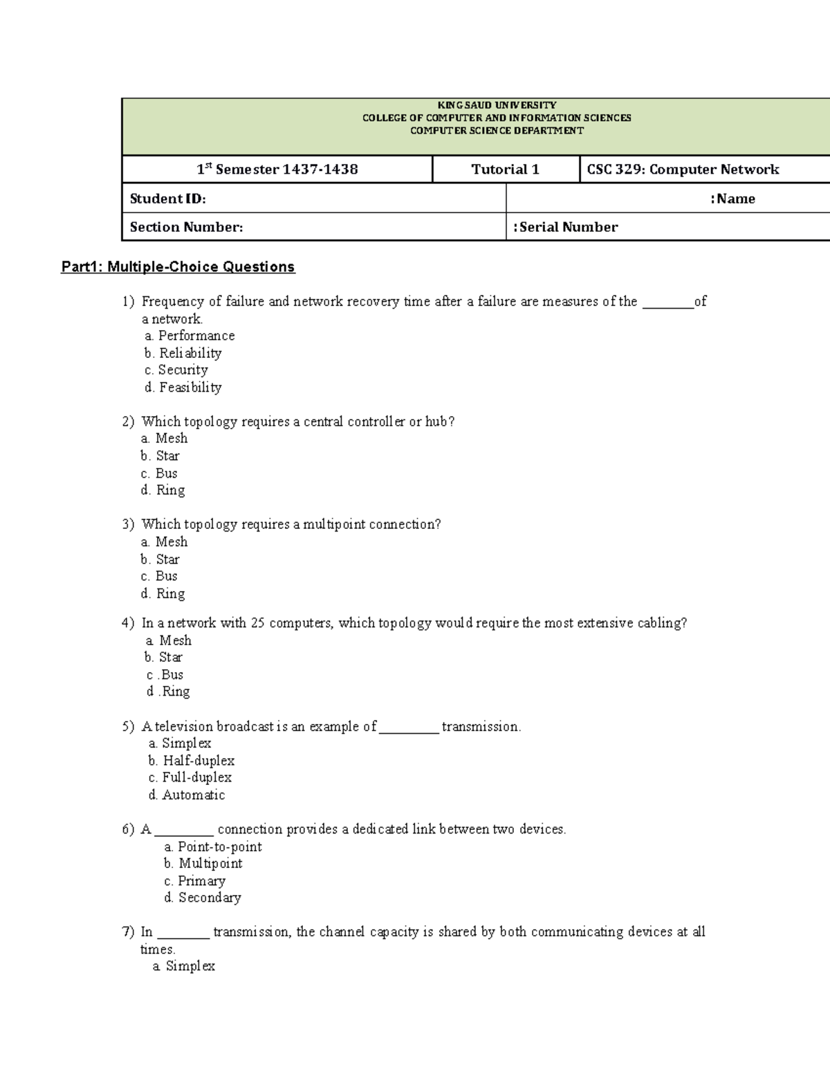 Fall2016 tutorial 1 model answer - KING SAUD UNIVERSITY COLLEGE OF COMPUTER AND INFORMATION ...