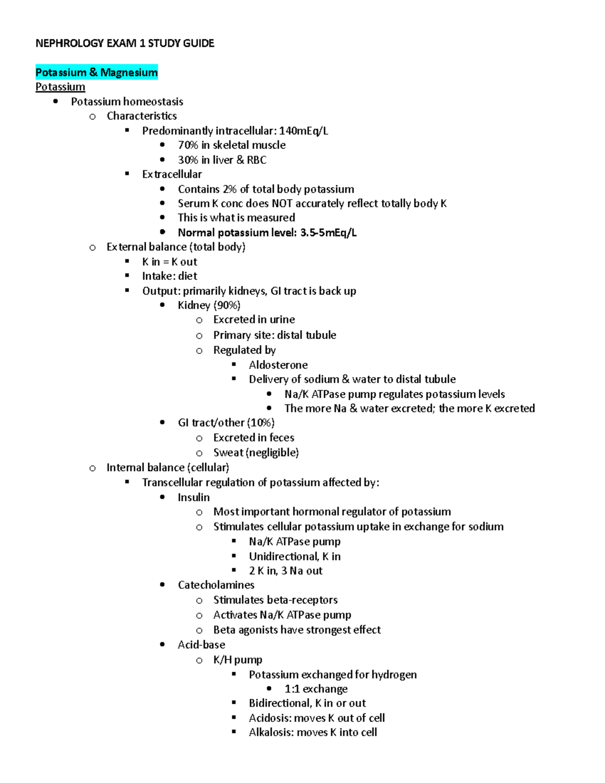 Nephrology Exam Study Guide - NEPHROLOGY EXAM 1 STUDY GUIDE Potassium ...