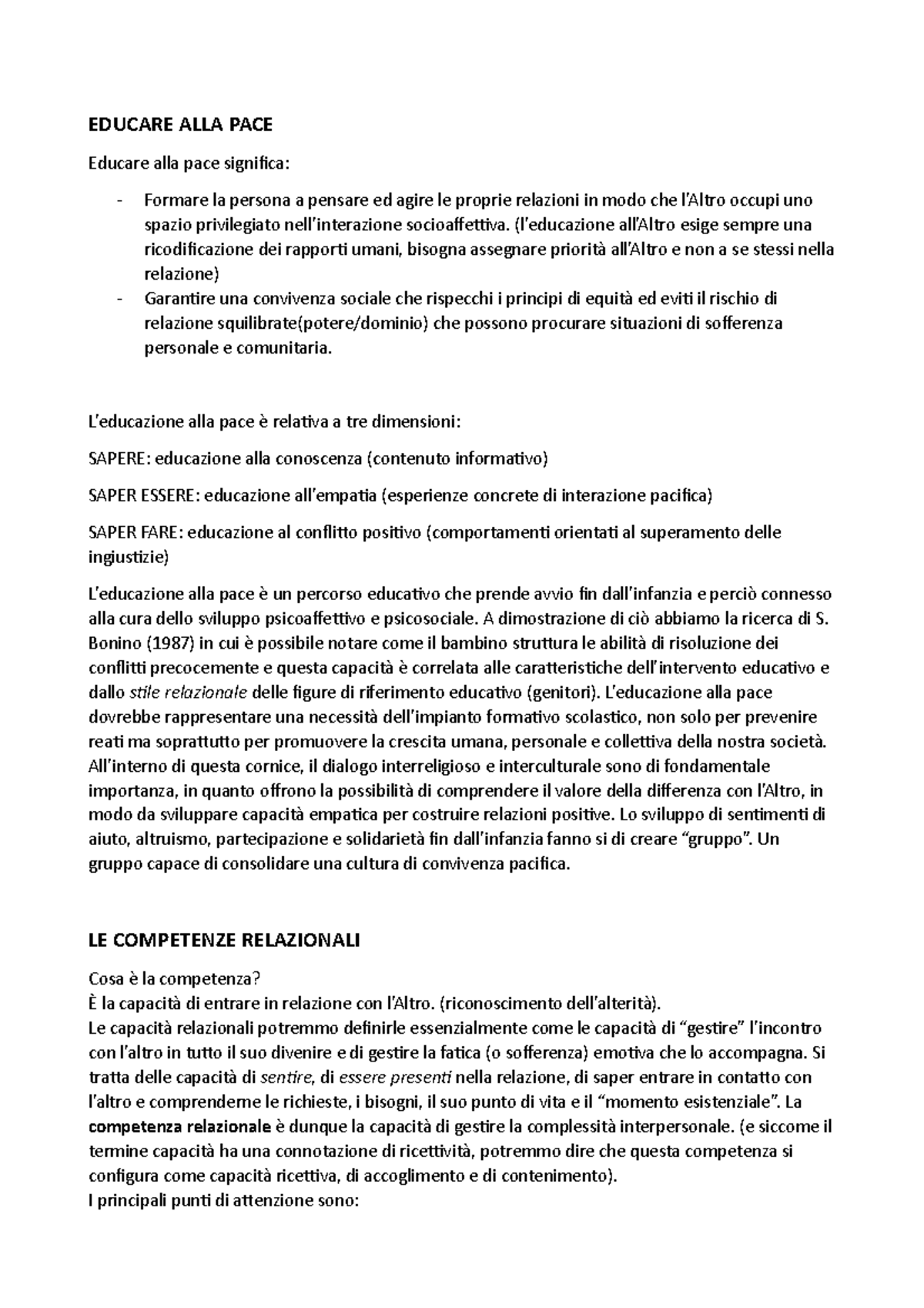 Educare ALLA PACE - APPUNTI DEL CORSO PSICOLOGIA DELLA PACE E DEL ...
