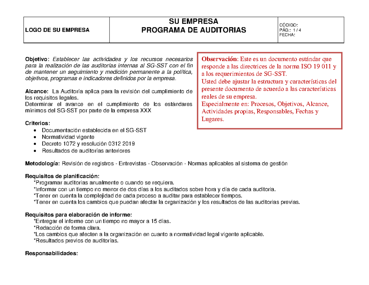 Modelo - Programa de Auditorías Internas - LOGO DE SU EMPRESA PROGRAMA DE AUDITORIAS CÓDIGO: PÁG ...