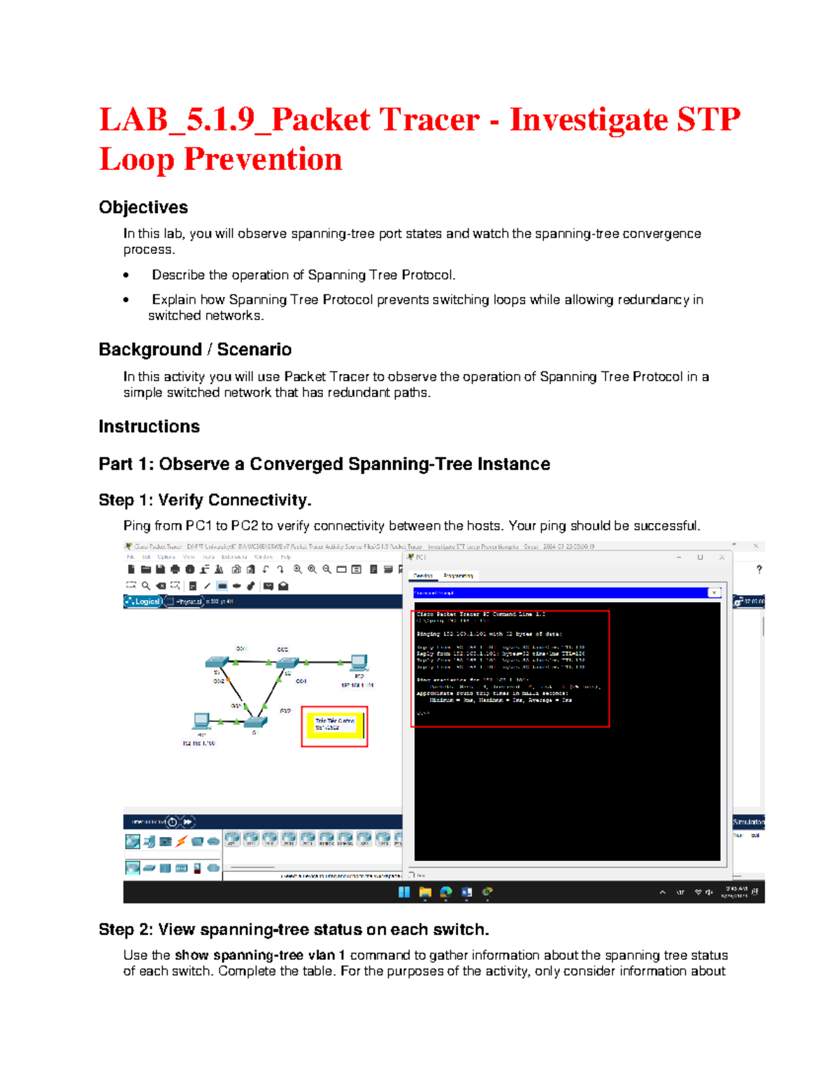 LAB4 Tran Tien Cuong SE172522 - LAB_5.1_Packet Tracer - Investigate STP Loop Prevention ...
