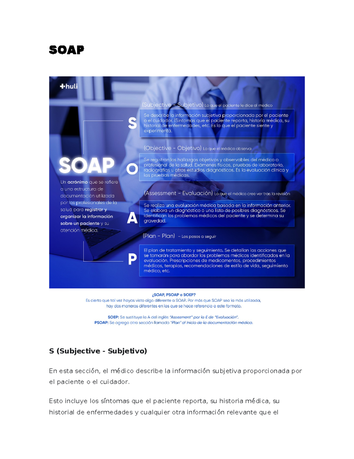 SOAP - SOAP S (Subjective - Subjetivo) En esta sección, el médico ...