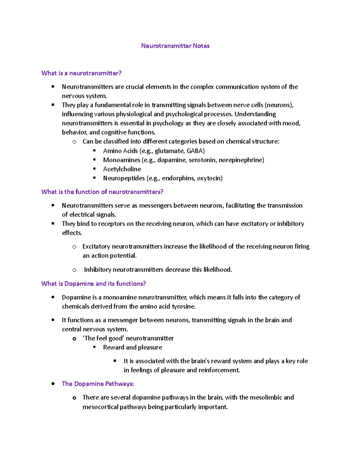 Neurotransmitters - This are lecture notes that are a breakdown of each ...