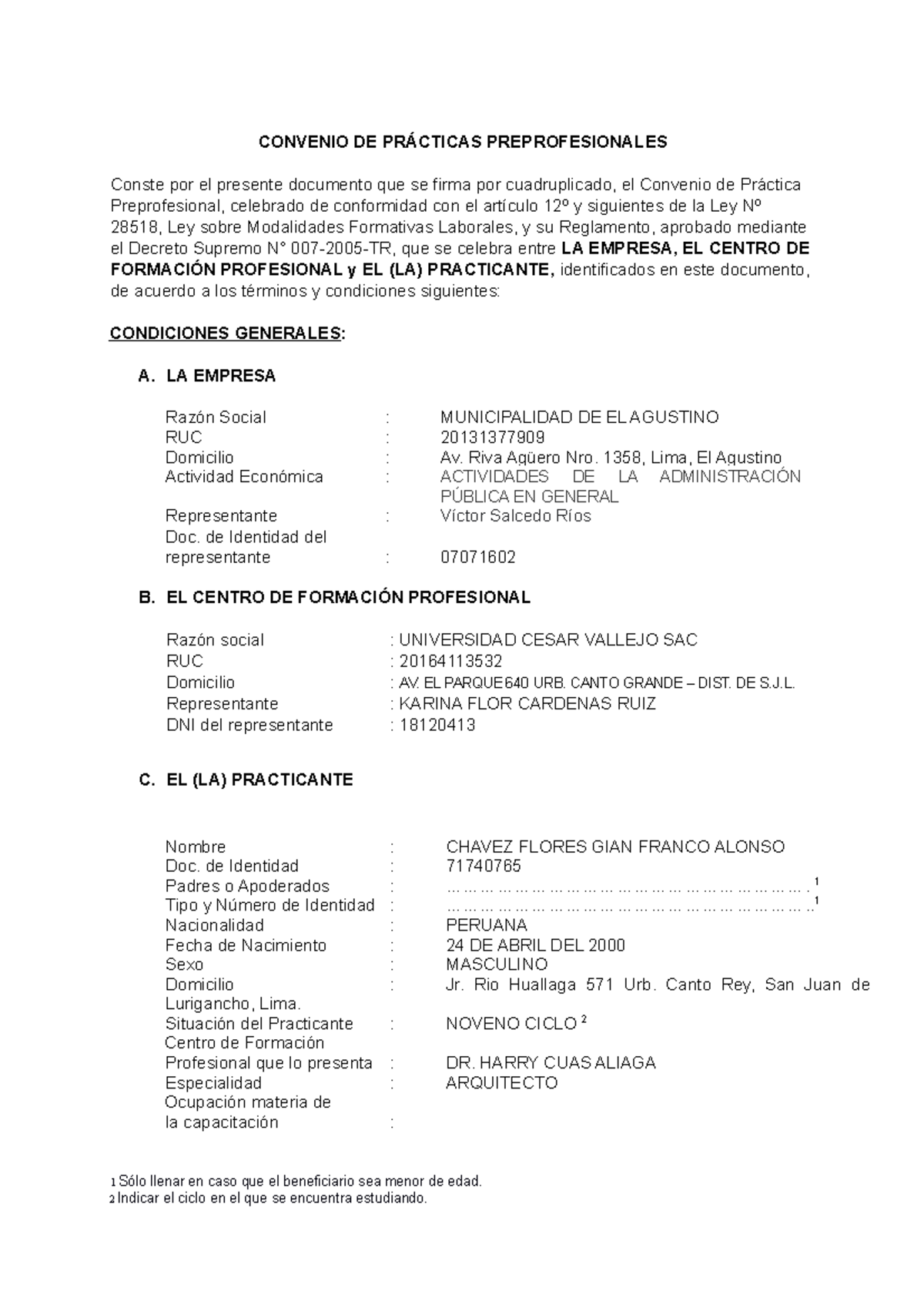 Convenio de practicas PRE Profesionales en WORD PARA Firmar - CONVENIO ...