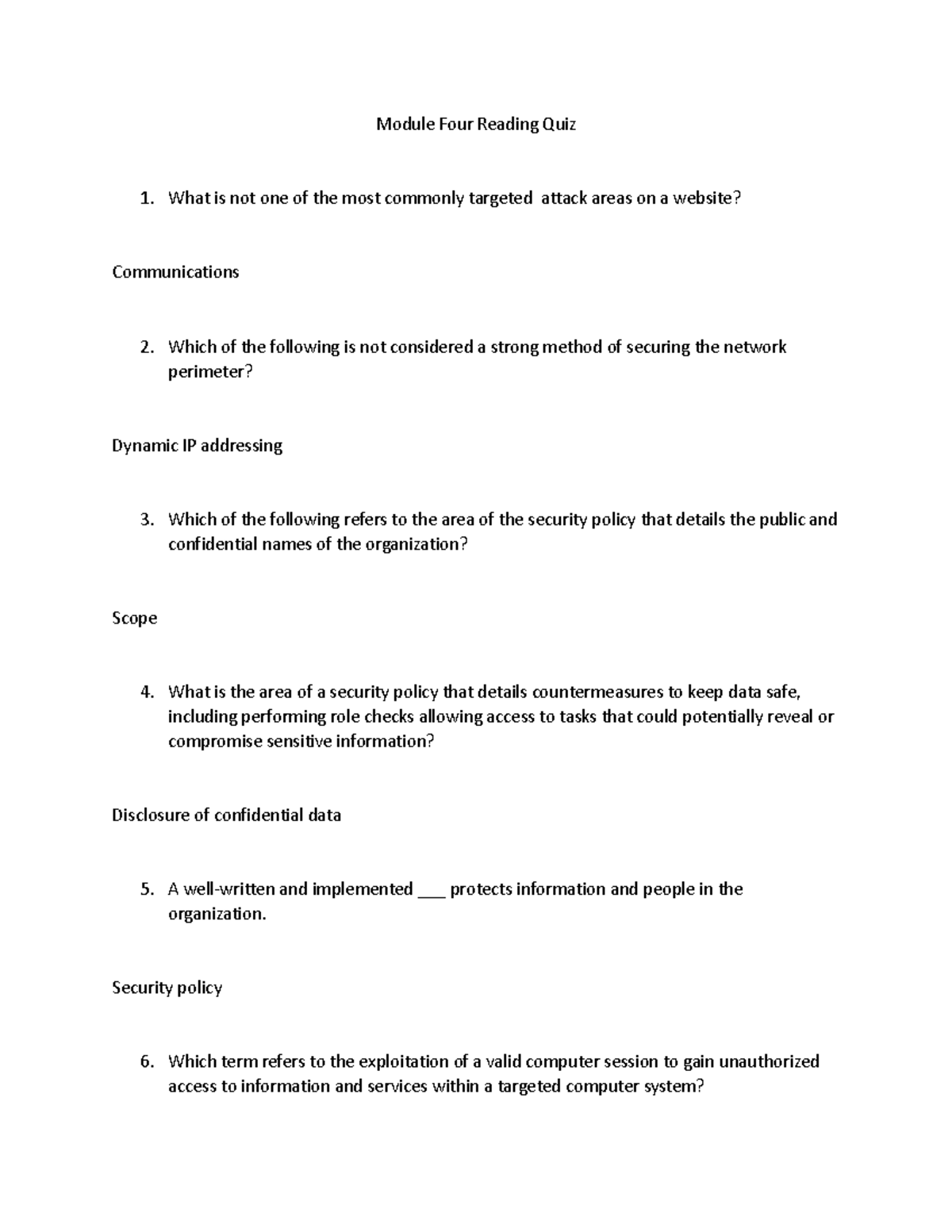 CYB 240 Reading Quiz Four - Module Four Reading Quiz What is not one of ...