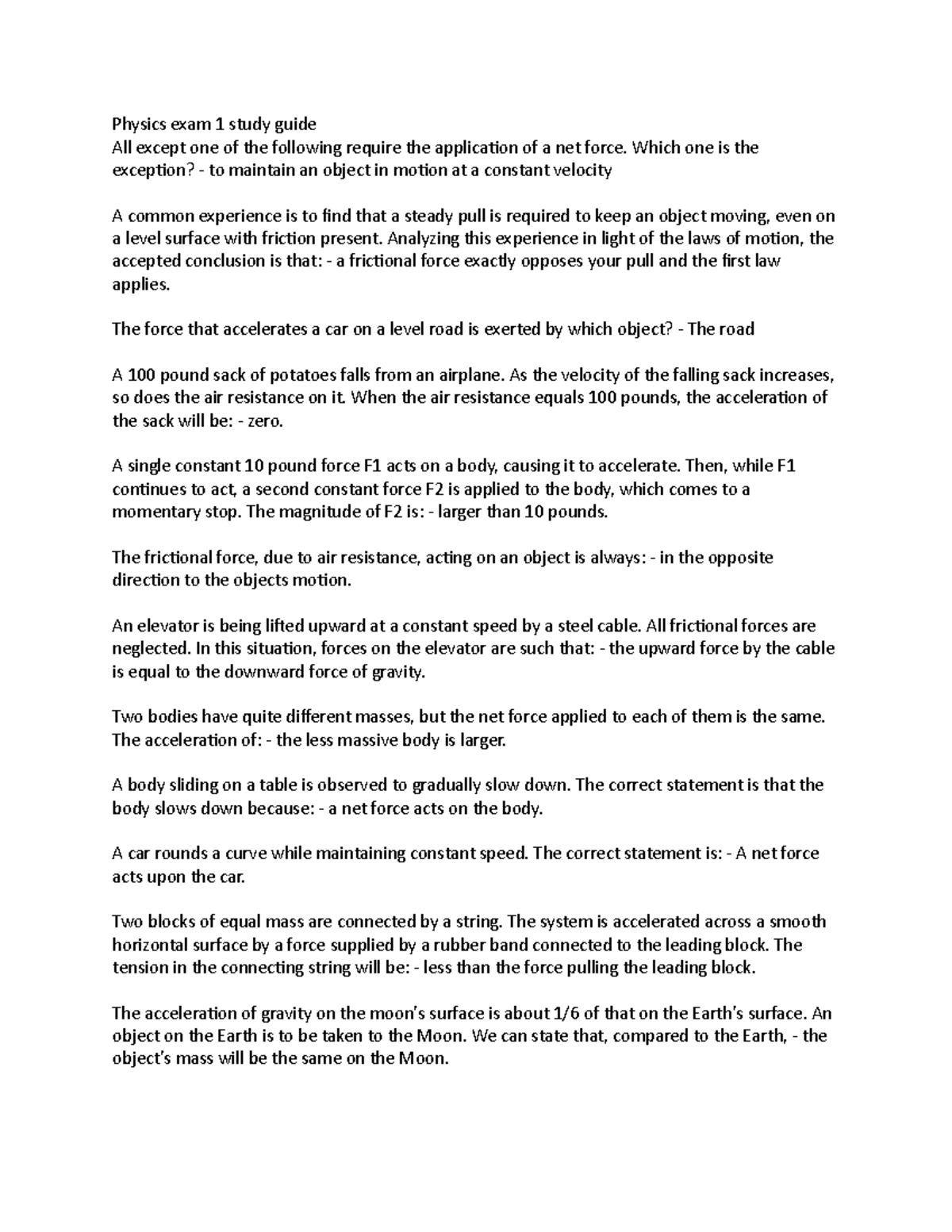 Physics exam 1 study guide - Physics exam 1 study guide All except one ...