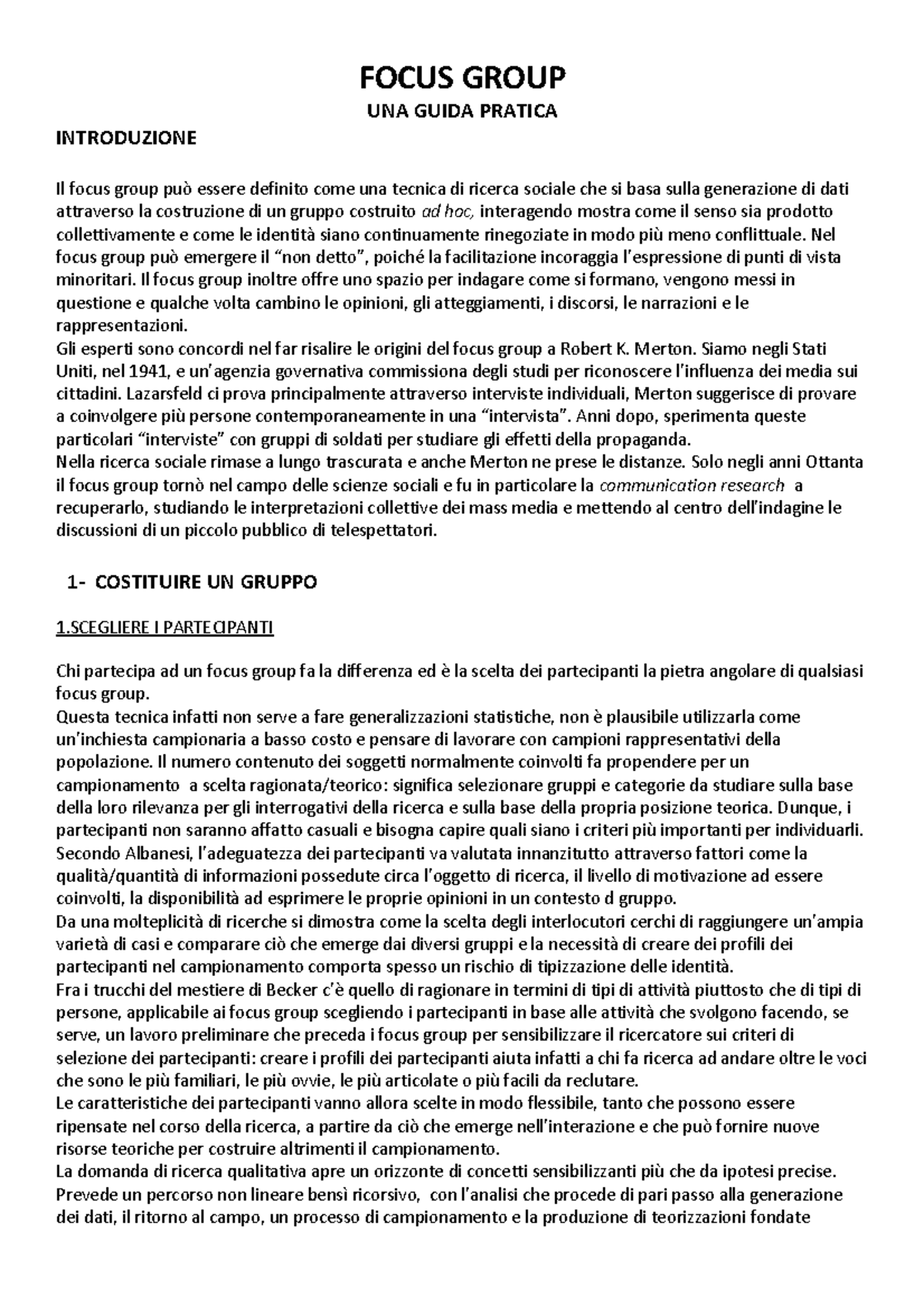 Focus Group- riassunto metodologia II - FOCUS GROUP UNA GUIDA PRATICA ...