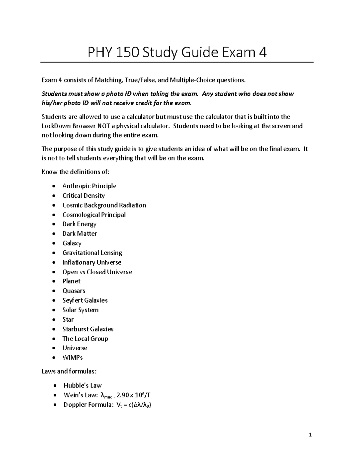 Chapter 4 study - 1 PHY 150 Study Guide Exam 4 Exam 4 consists of ...