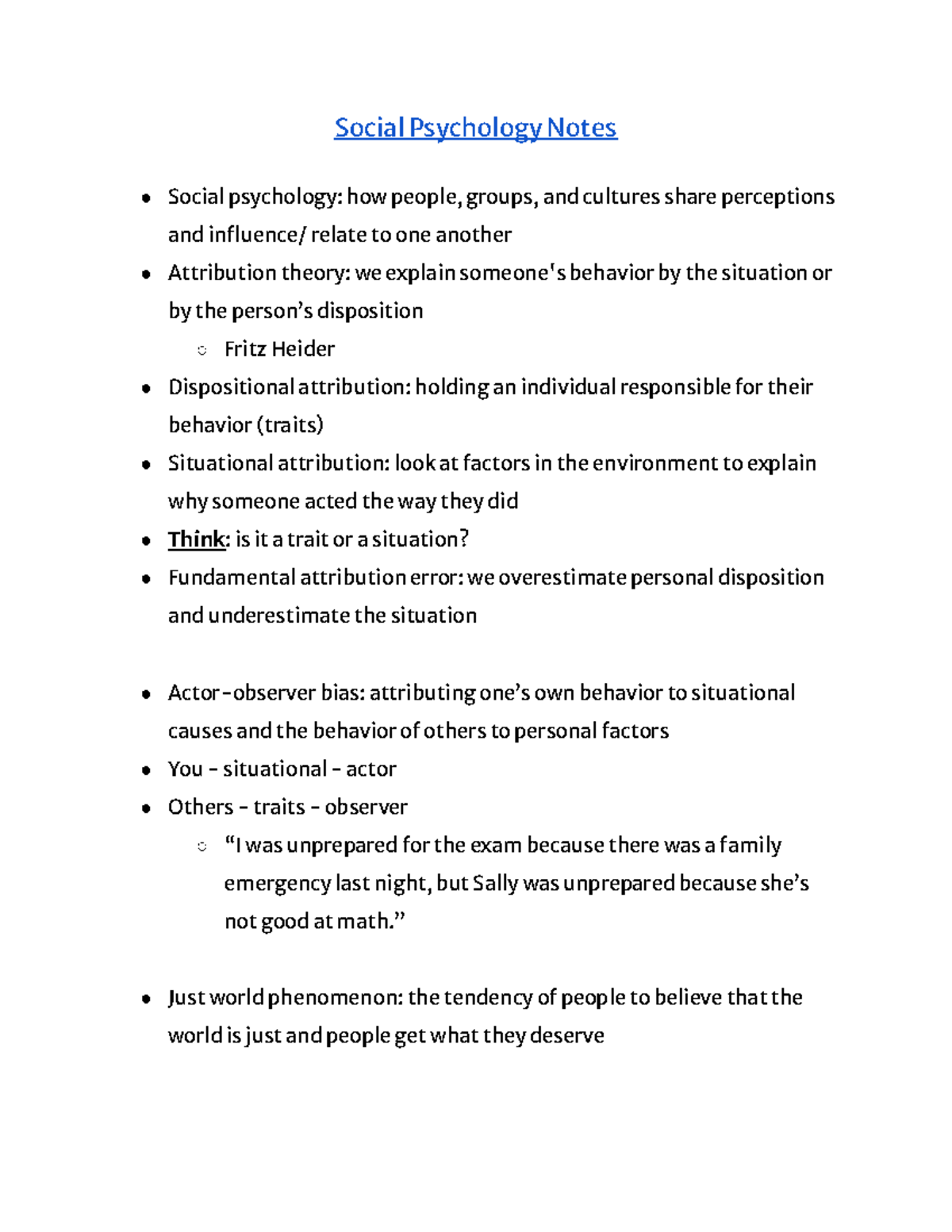 Social Psychology Notes - ” Just world phenomenon: the tendency of ...