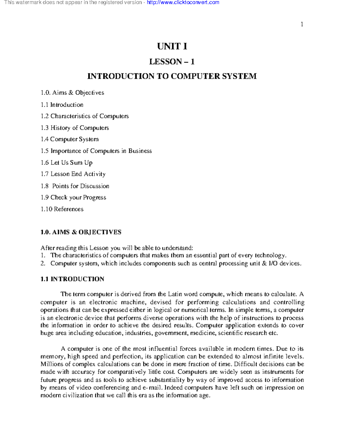 Unit I Lesson 1 Introduction To Computer 1 Unit I Lesson 1 Introduction To Computer System