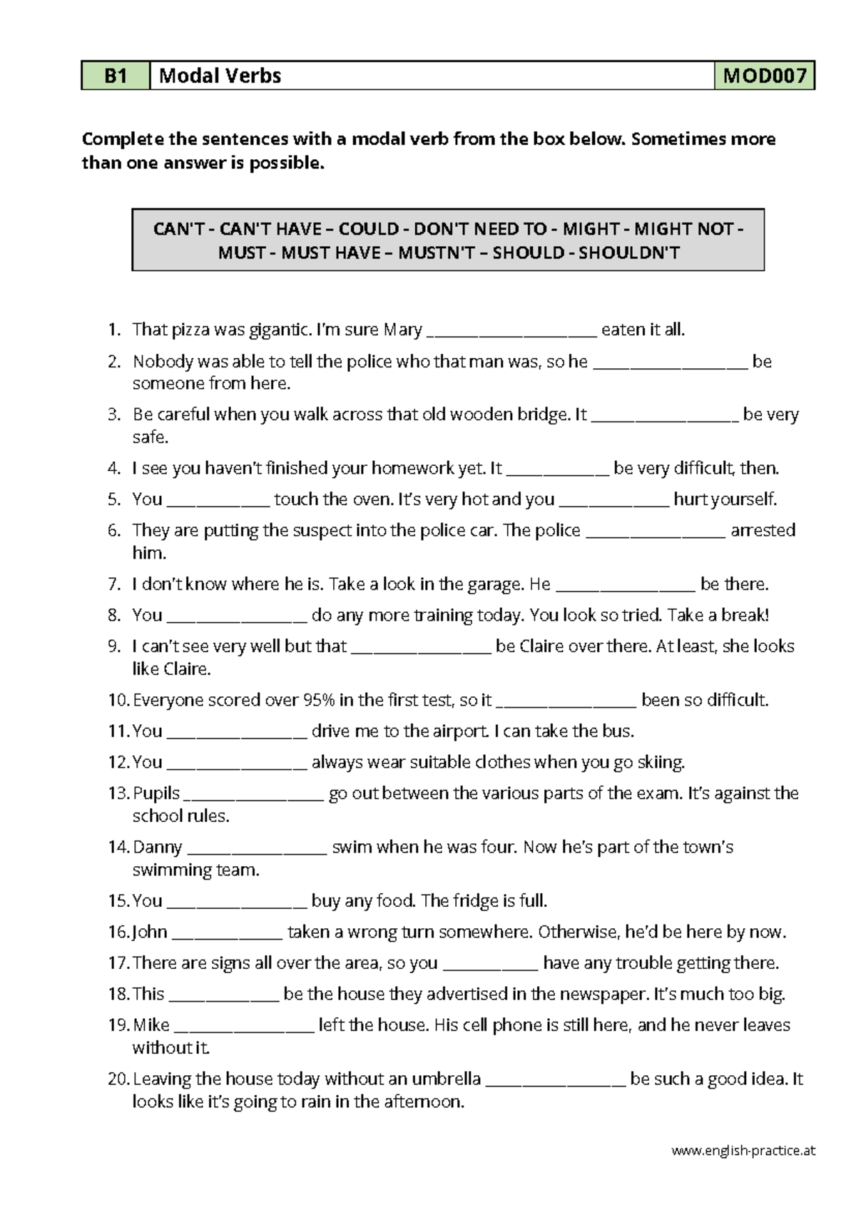 Modal verbs - PDF Grammar Worksheet - B1 - MOD007 - english-practice B1 ...