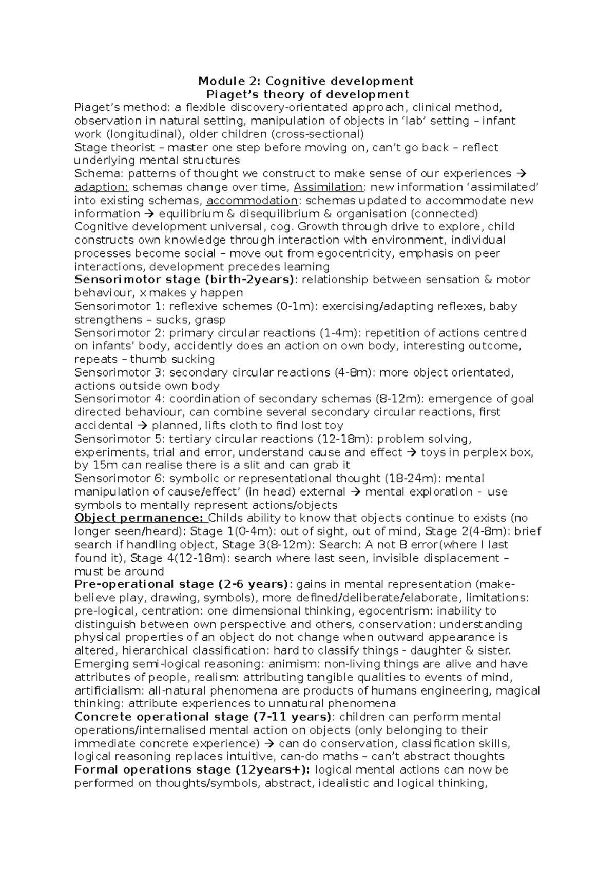 Developmental summary Module 2 - Module 2: Cognitive development Piaget ...