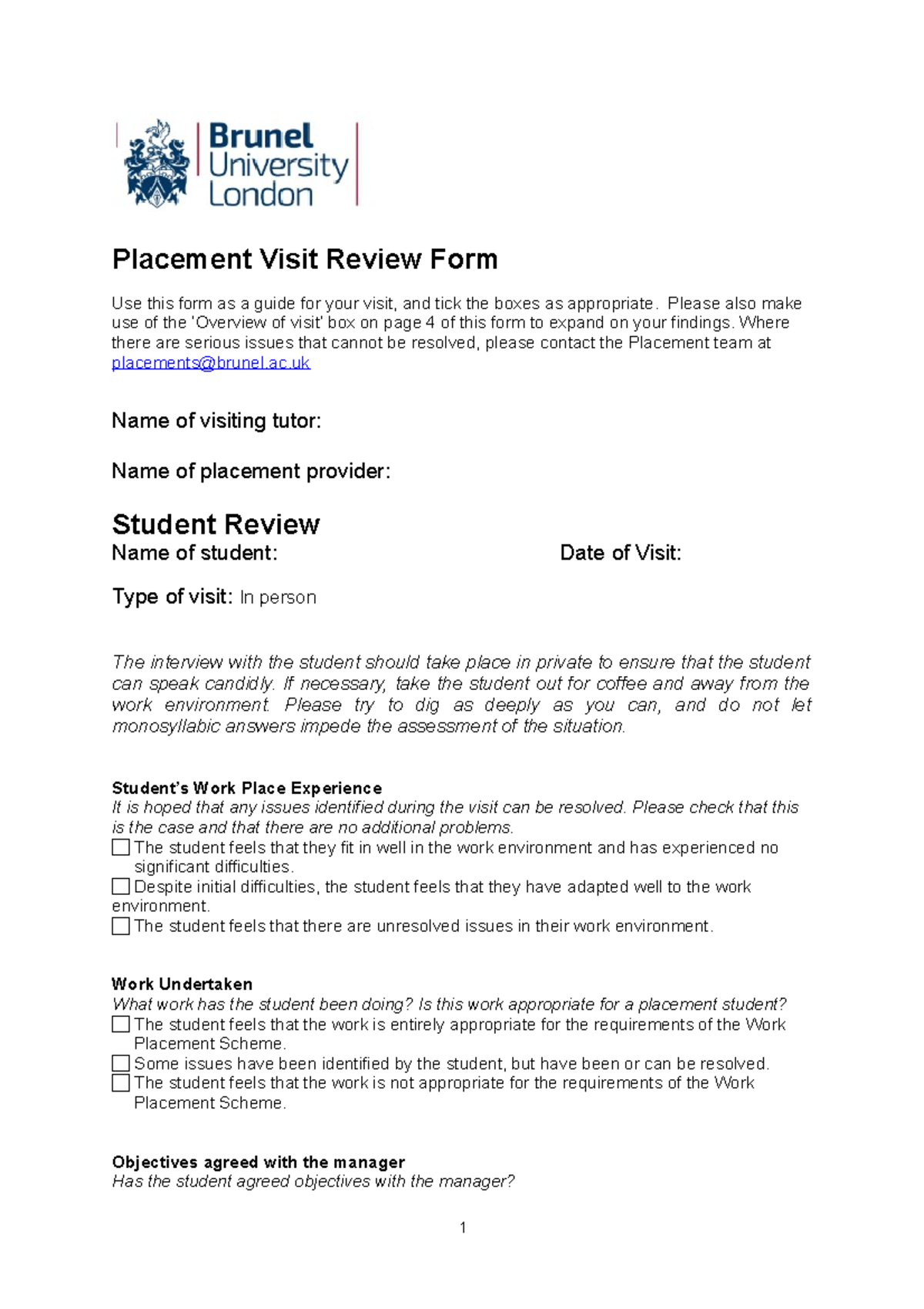 Form 15 - Placement Visit Form v2 - Placement Visit Review Form Use ...