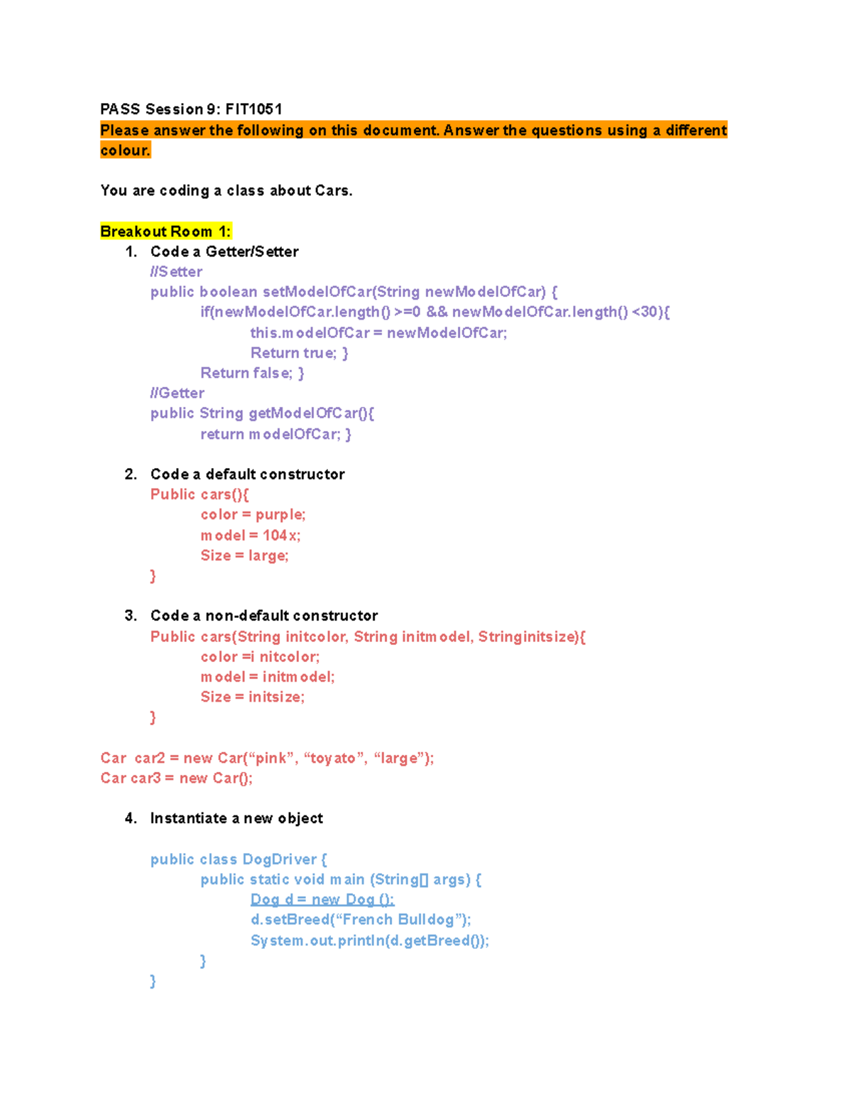 Session 9 -G1 Practice questions - PASS Session 9: FIT Please answer ...