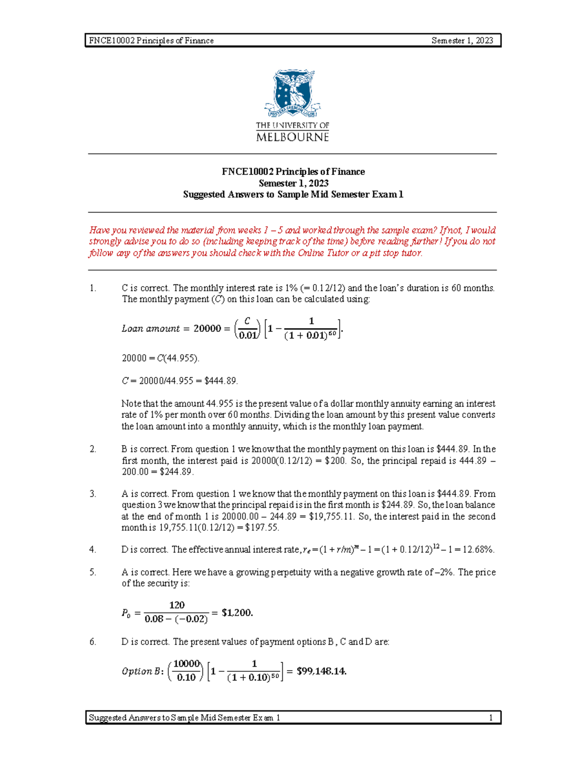 Sample Mid Sem 1 Sem1 2023 Ans - FNCE10002 Principles of Finance ...
