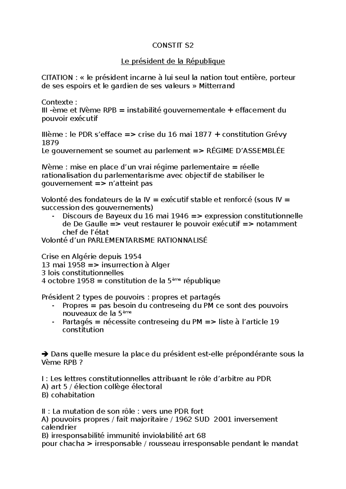 Fiche constit - CONSTIT S Le président de la République CITATION : « le ...