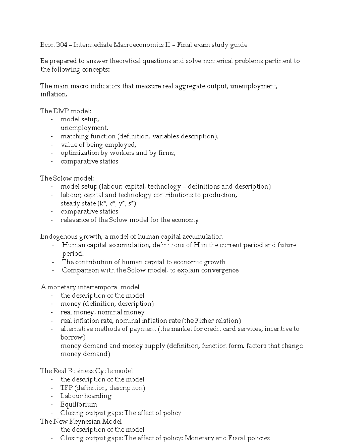 ECON 304 Final Study Guide - Econ 304 – Intermediate Macroeconomics II – Final exam study guide ...