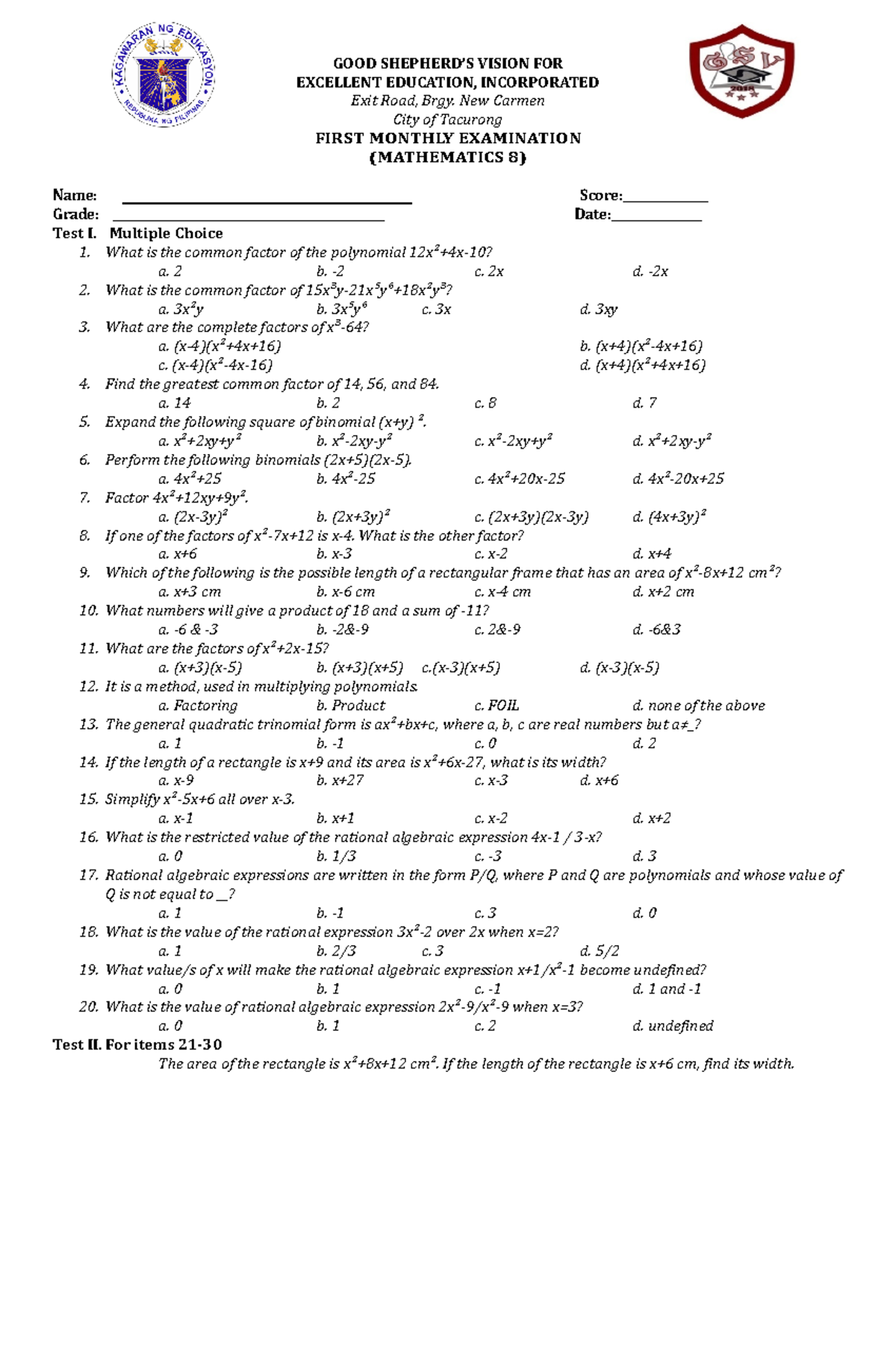 8-Math-1 - exam - GOOD SHEPHERD’S VISION FOR EXCELLENT EDUCATION, INCORPORATED Exit Road, Brgy ...