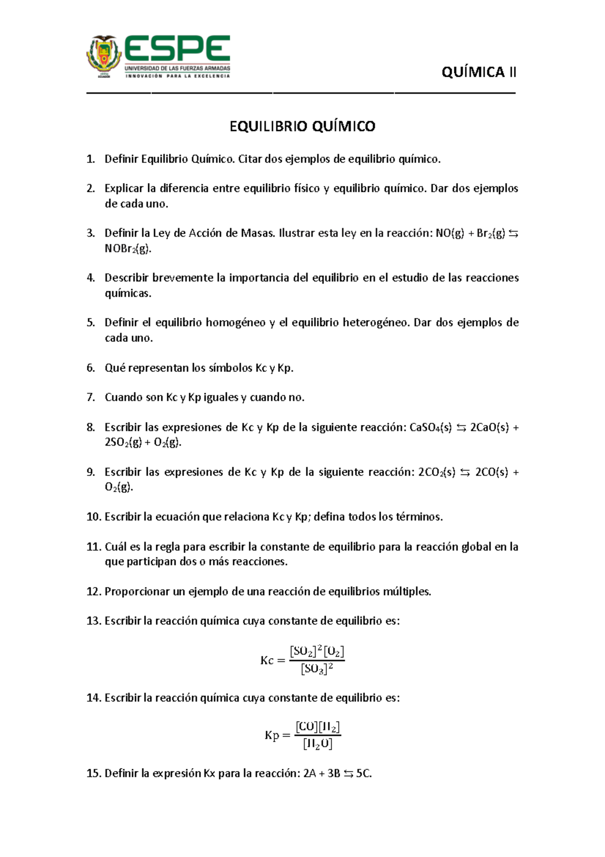 Cuestionario Equilibrio Quimico ...