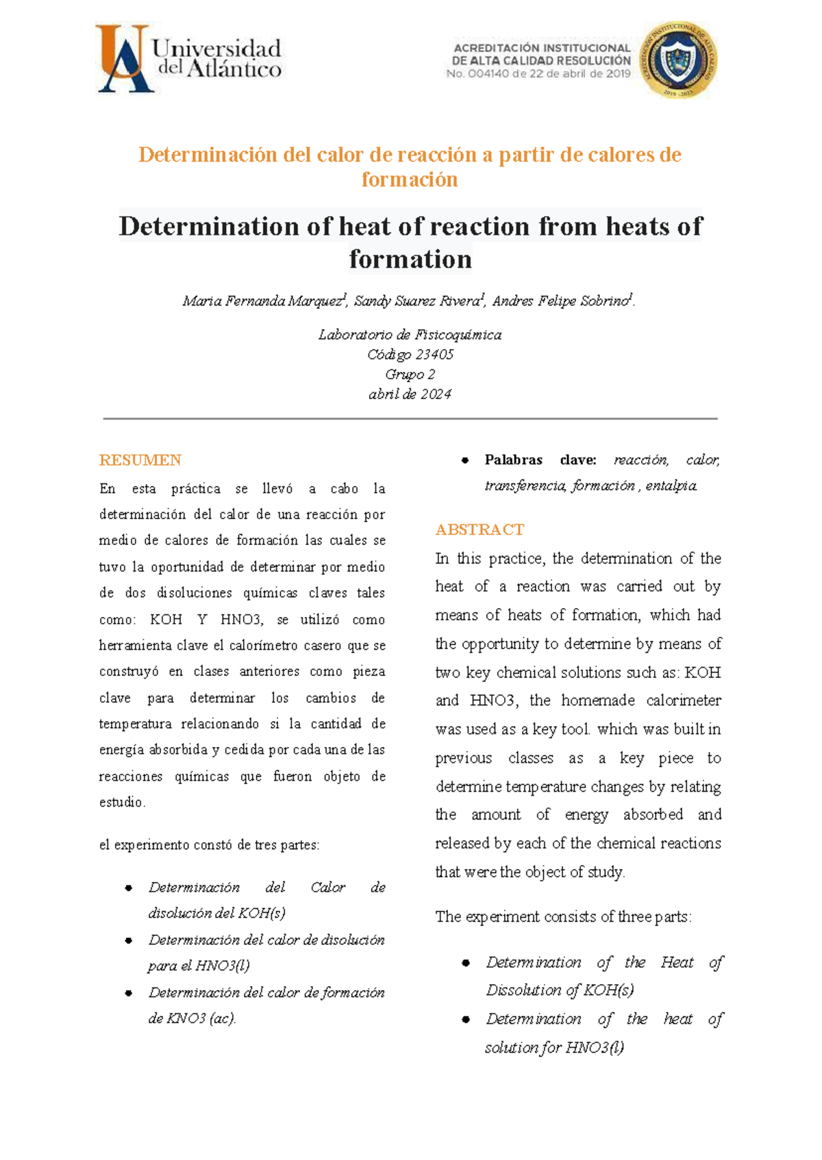 Determinación del calor de reacción a partir de calores de formación ...