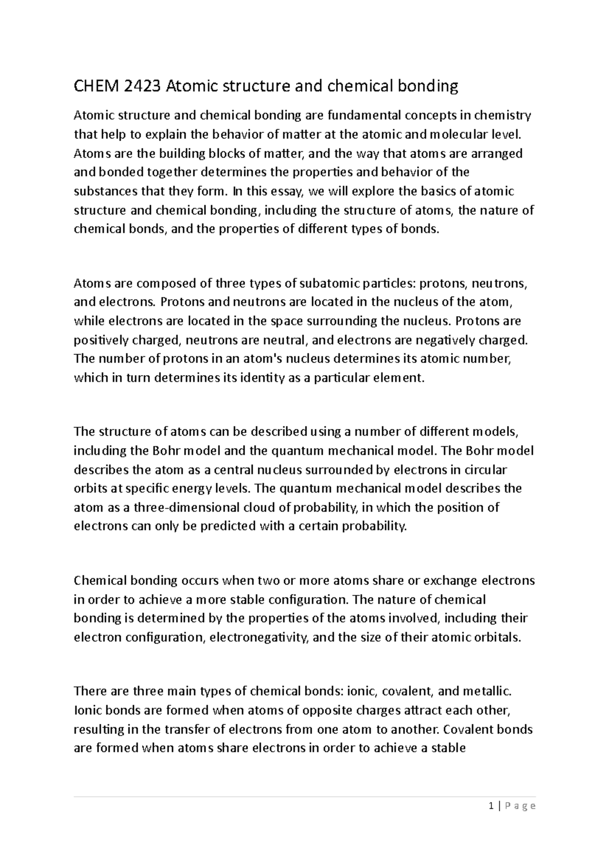 CHEM 2423 Atomic structure and chemical bonding - Atoms are the ...