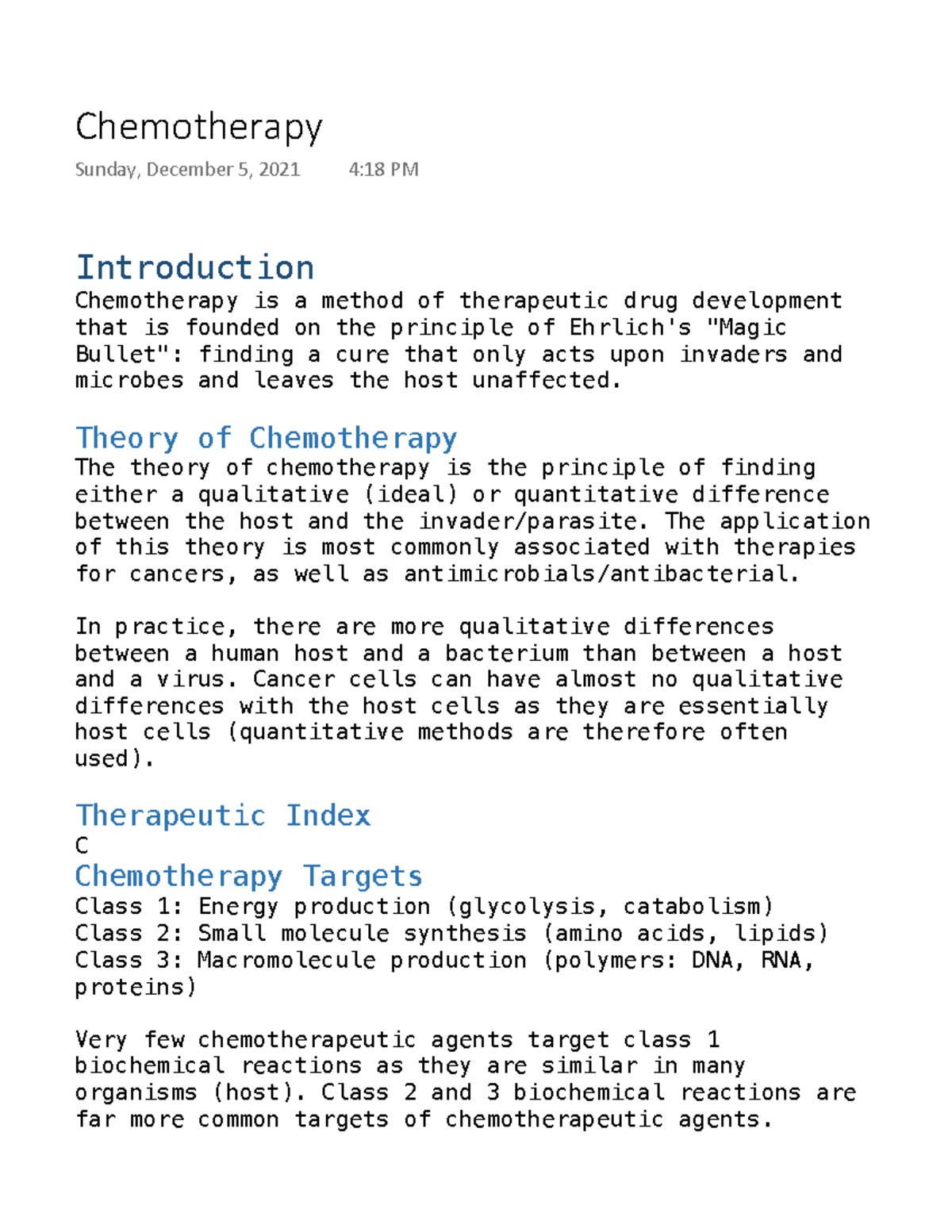 Chemotherapy PHAR0002 UCL Lecture Notes - Introduction Chemotherapy is ...
