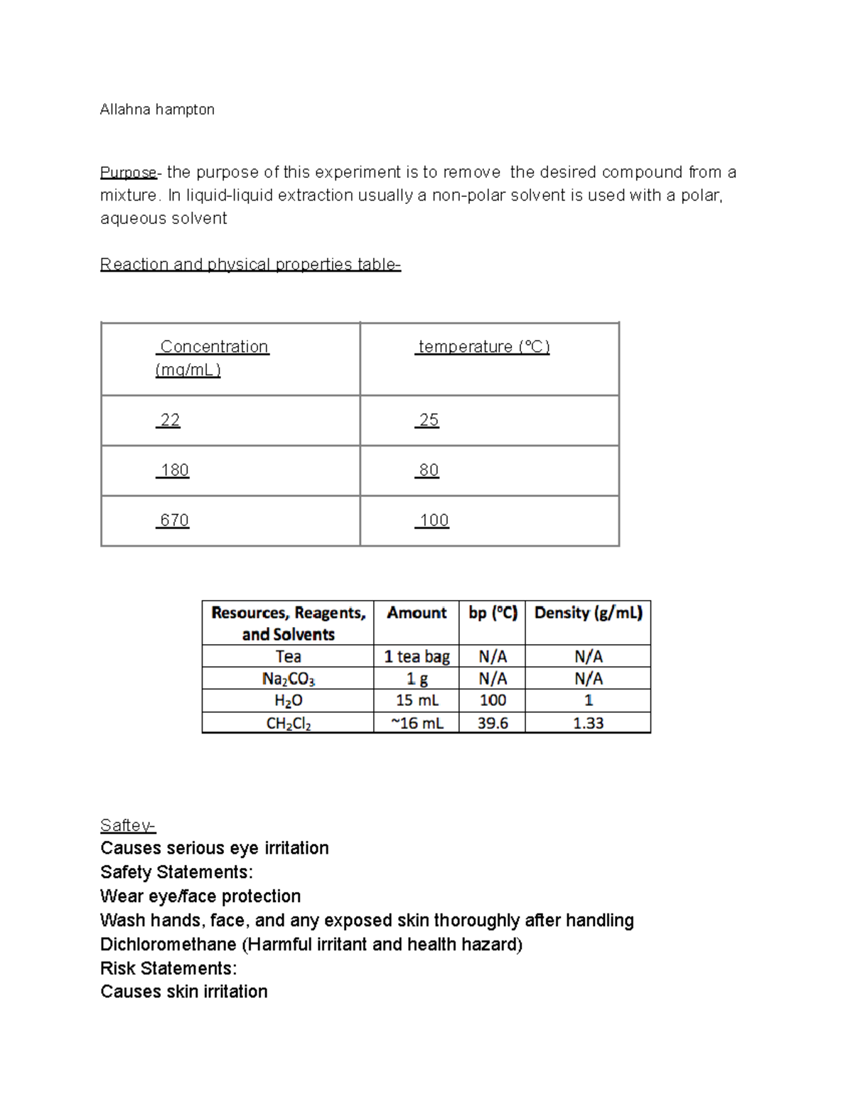 Untitled document-4 - organic chem hw - Allahna hampton Purpose- the ...