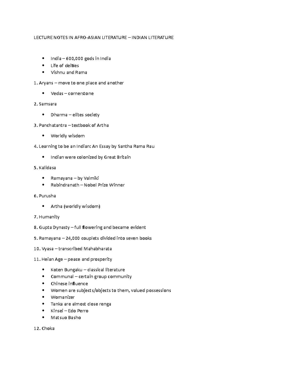 Lecture Notes IN AFRO- Asian Literature – Indian Literature - LECTURE ...