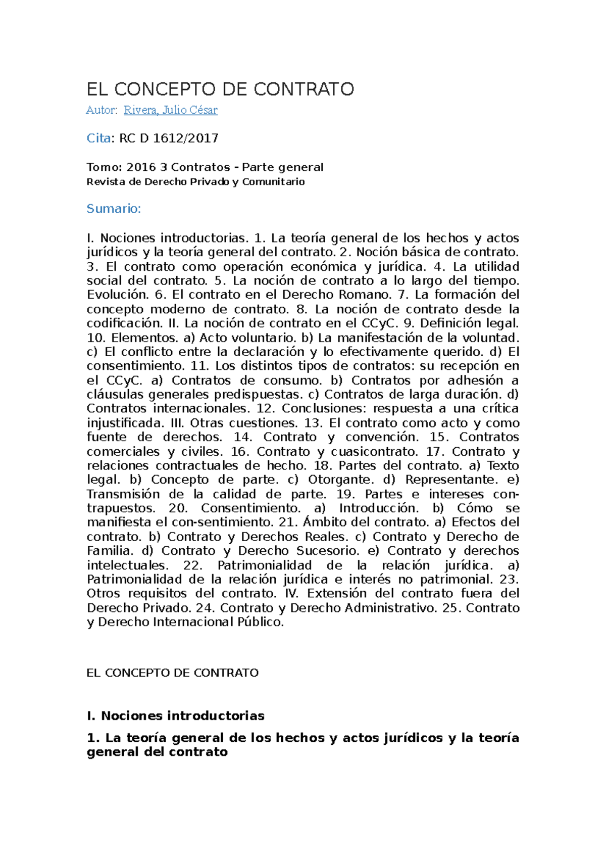 EL Concepto DE Contrato - EL CONCEPTO DE CONTRATO Autor: Rivera, Julio César Cita: RC D 1612 ...