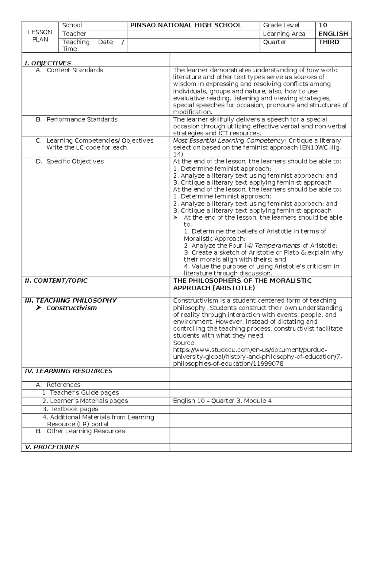 Aristotle - LESSON PLAN School PINSAO NATIONAL HIGH SCHOOL Grade Level ...