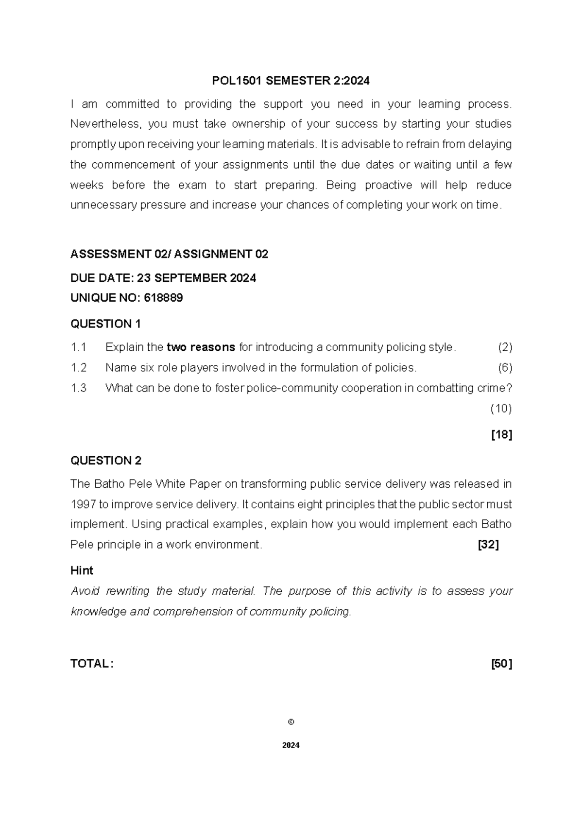 POL1501 Assessment 02 - POL1501 SEMESTER 2: I am committed to providing ...