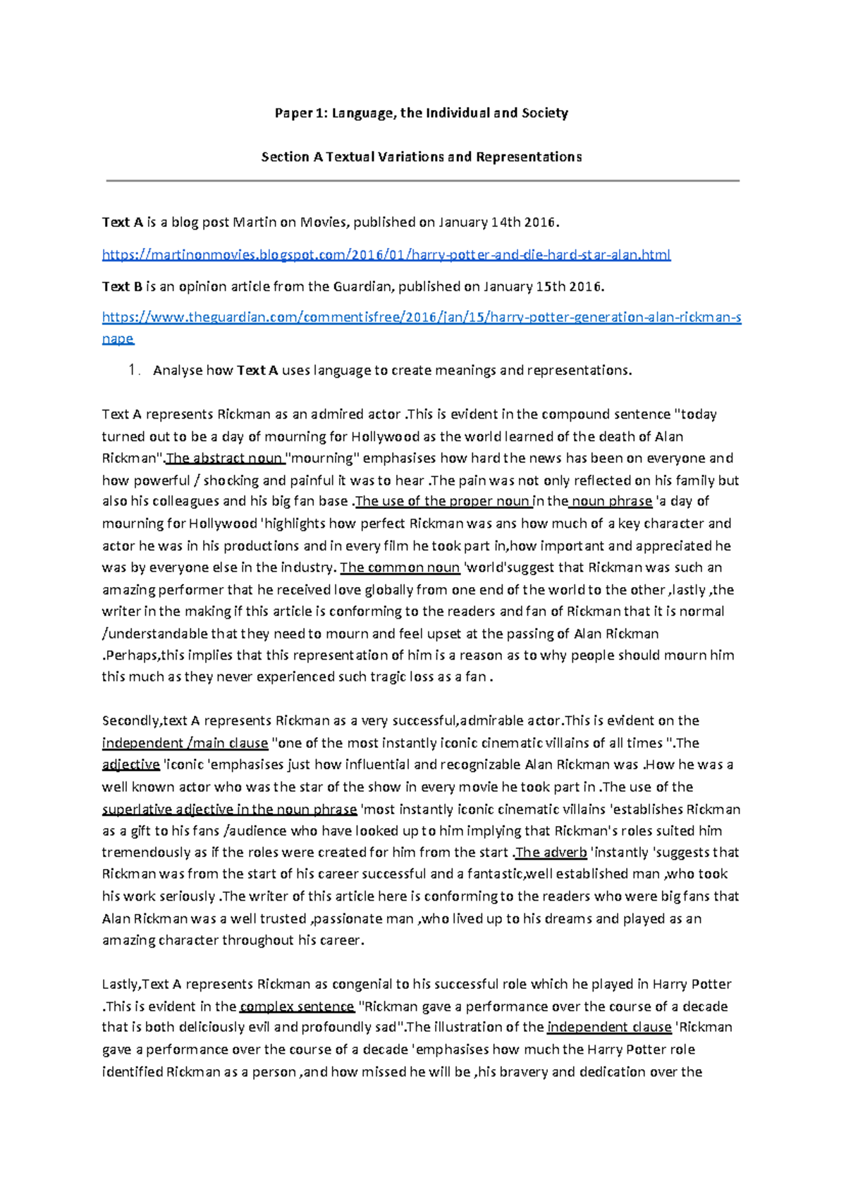 -Template- 6AC Representation of Alan Rickman - Exam Response - Paper 1 ...