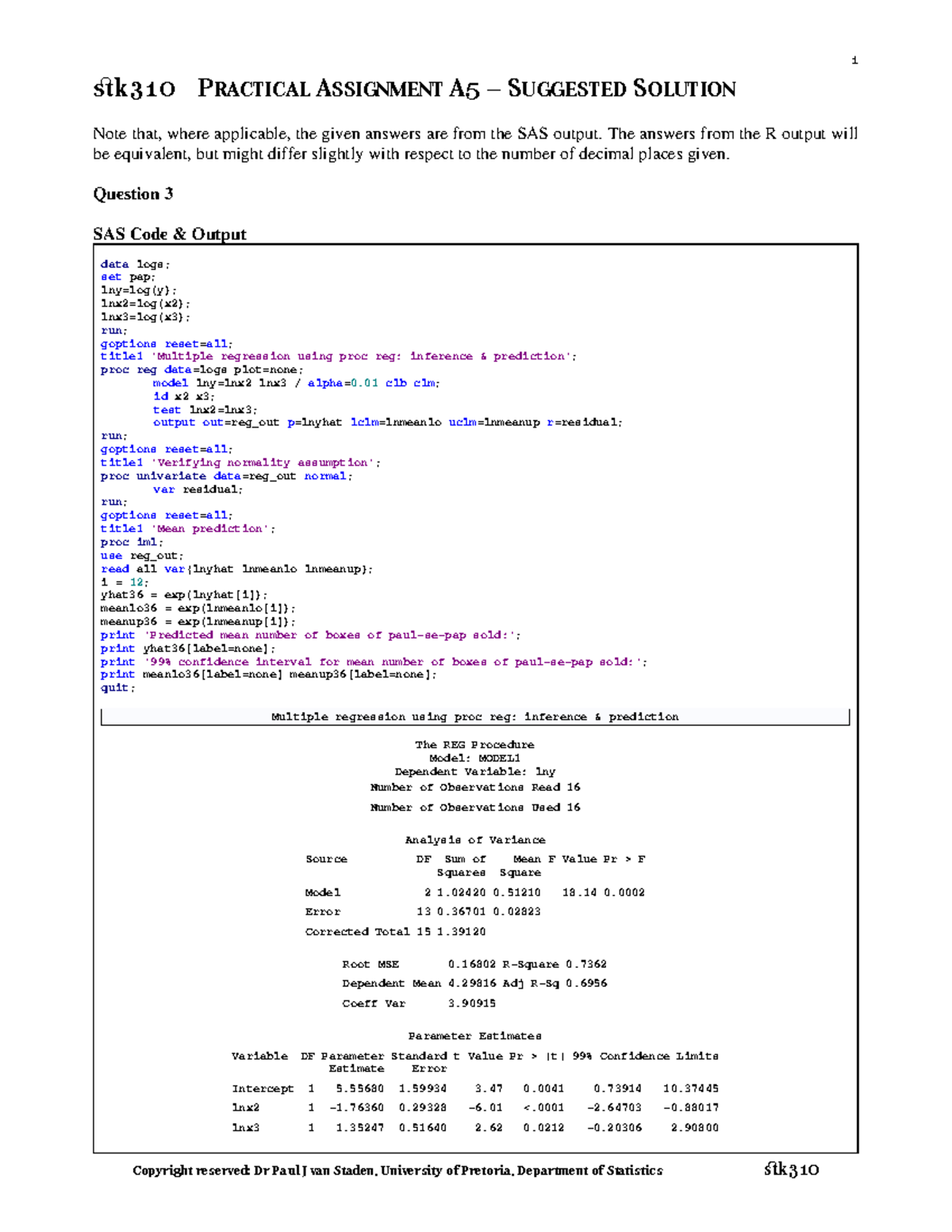 Assignment 5 (memo question 3) - stk310 PRACTICAL ASSIGNMENT A5 – SUGGESTED SOLUTION Note that ...
