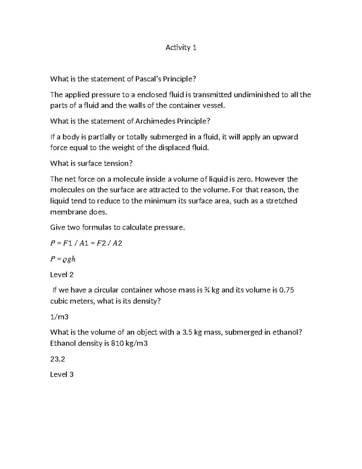 Mass and energy activity 1 - Activity 1 What is the statement of Pascal ...