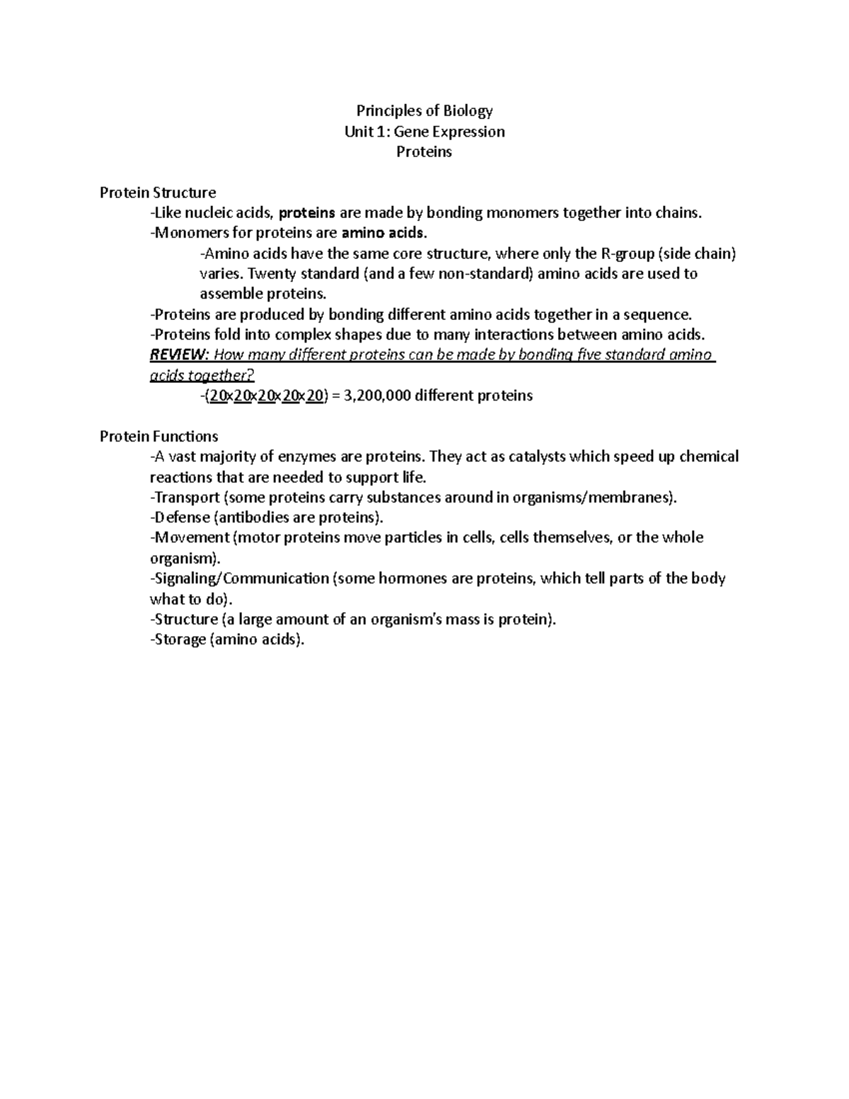 AP Bio Proteins - Principles of Biology Unit 1: Gene Expression ...
