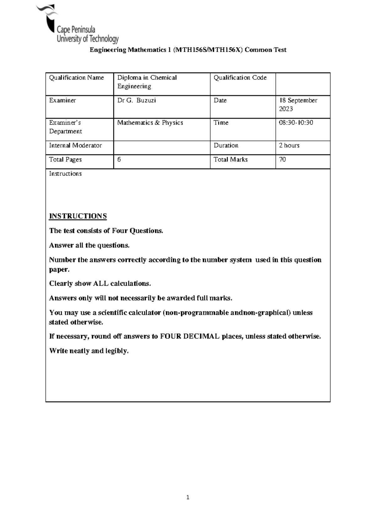Test 3 September QP - INTEGRATION - Engineering Mathematics 1 (MTH156S ...