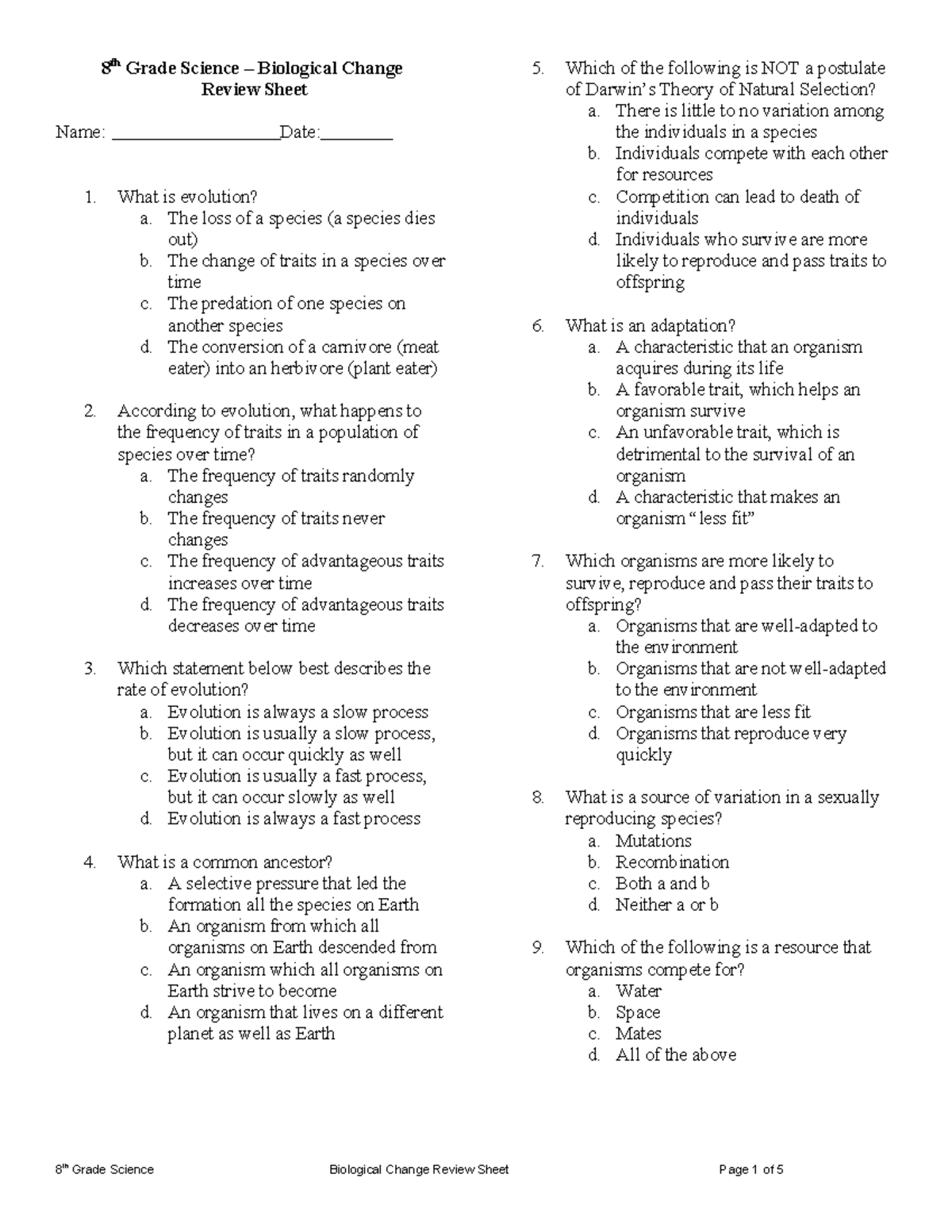Study Guide - Biological Change - 8 th Grade Science – Biological ...