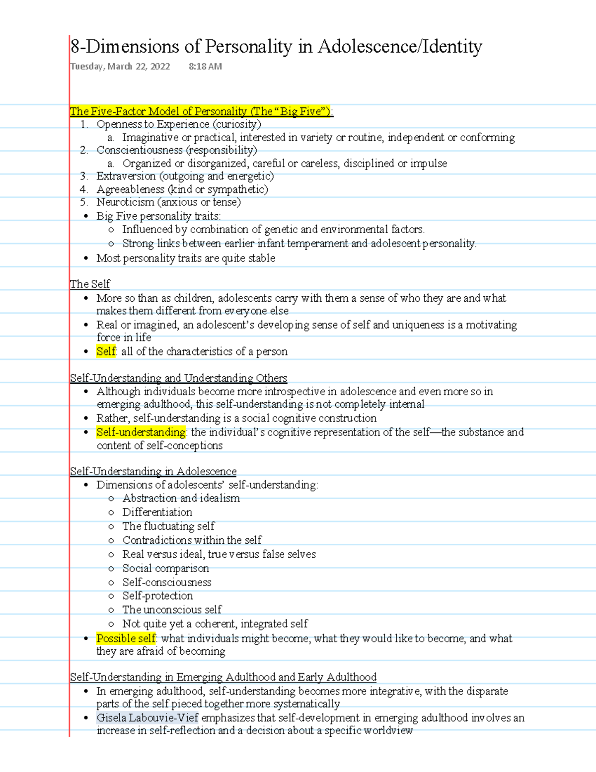 PSYCH 215-Adolescence Psychology Chapter 8 - The Five-Factor Model of ...
