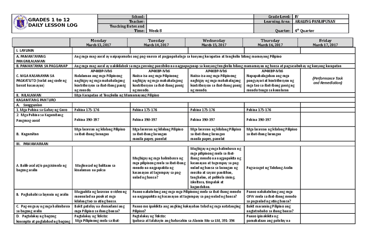 Grade 4 DLL Araling Panlipunan 4 Q4 Week 8 - GRADES 1 to 12 DAILY LESSON LOG School: Grade Level ...
