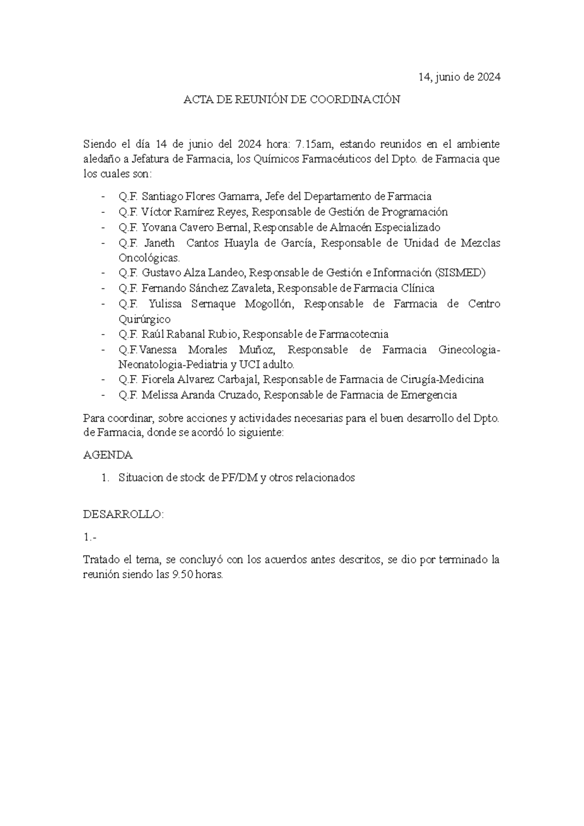 ACTA DPTO. Farmacia 14 - Xghhg - 14, junio de 2024 ACTA DE REUNIÓN DE ...