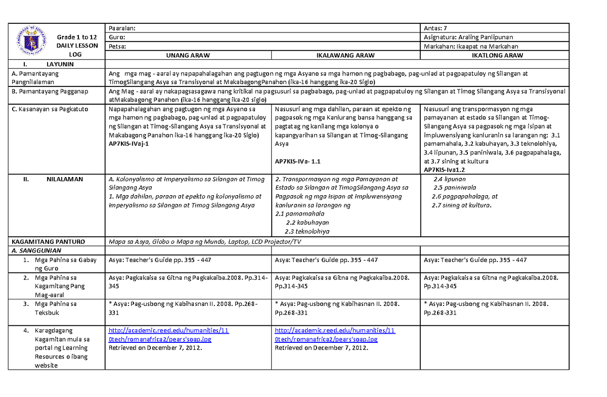 1 Stweek- Revised - None - Grade 1 to 12 DAILY LESSON LOG Paaralan ...