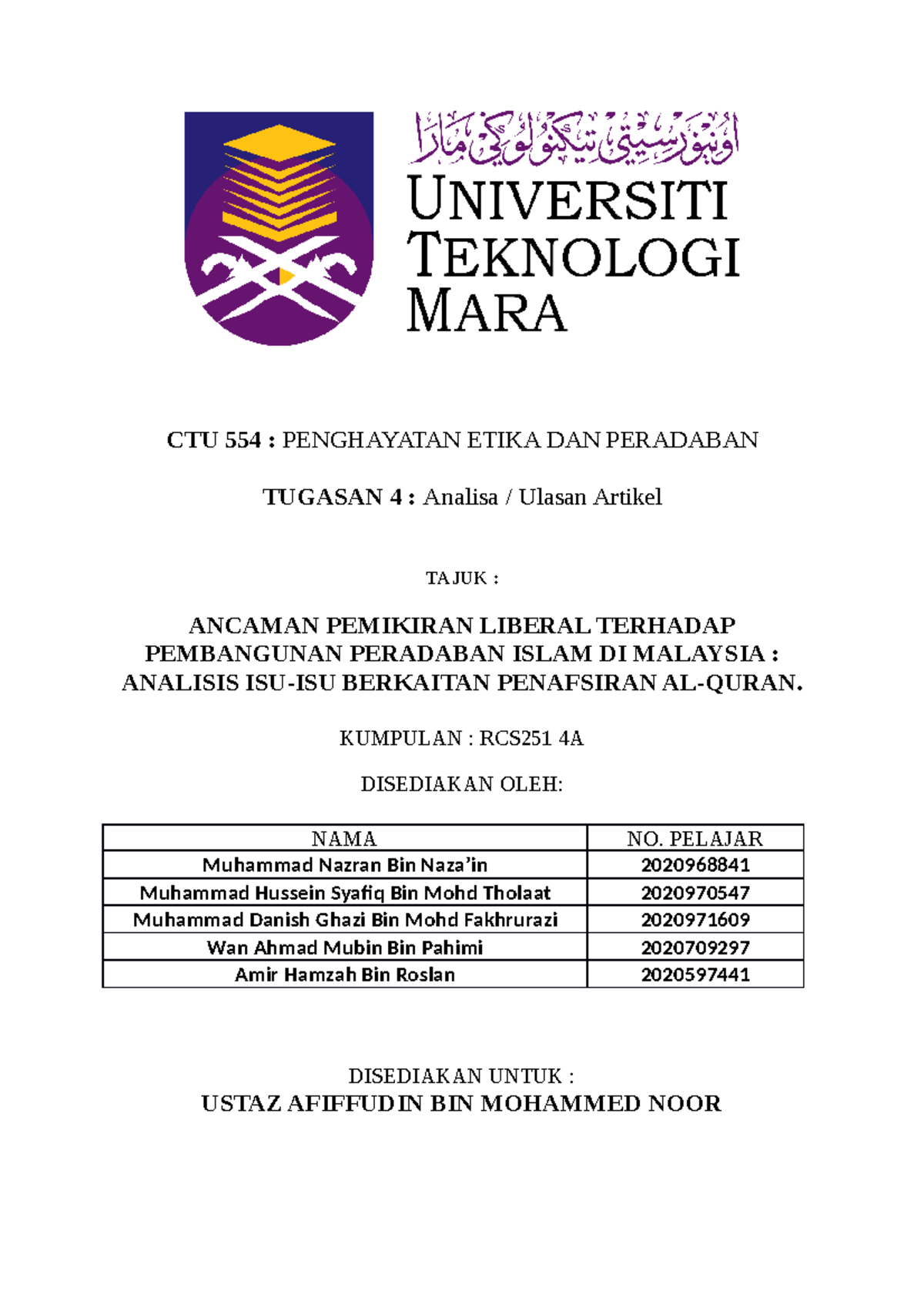 Analisa Artikel CTU554 - Group 2 - CTU 554 : PENGHAYATAN ETIKA DAN ...