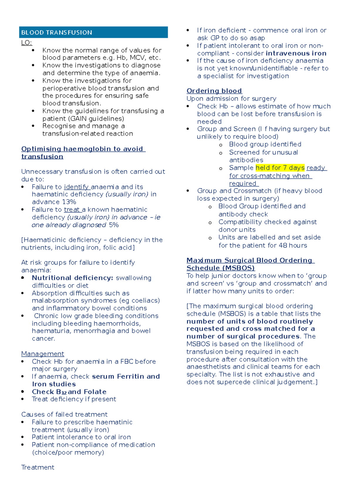 16 Blood Transfusion - Lecture notes 16 - BLOOD TRANSFUSION LO: Know ...